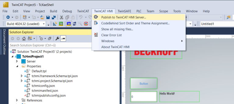 TwinCAT HMI – Your first project (project, upload, server config) - Hello TwinCAT